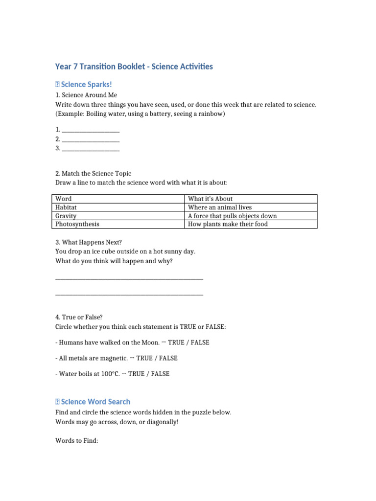 Year7 Science Transition Activities | PDF