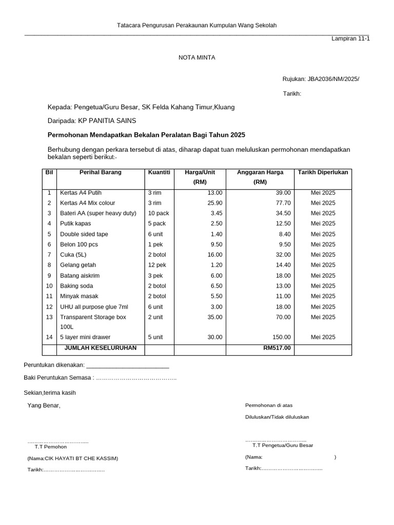 Nota Minta Panitia Sains 1 2025 | PDF