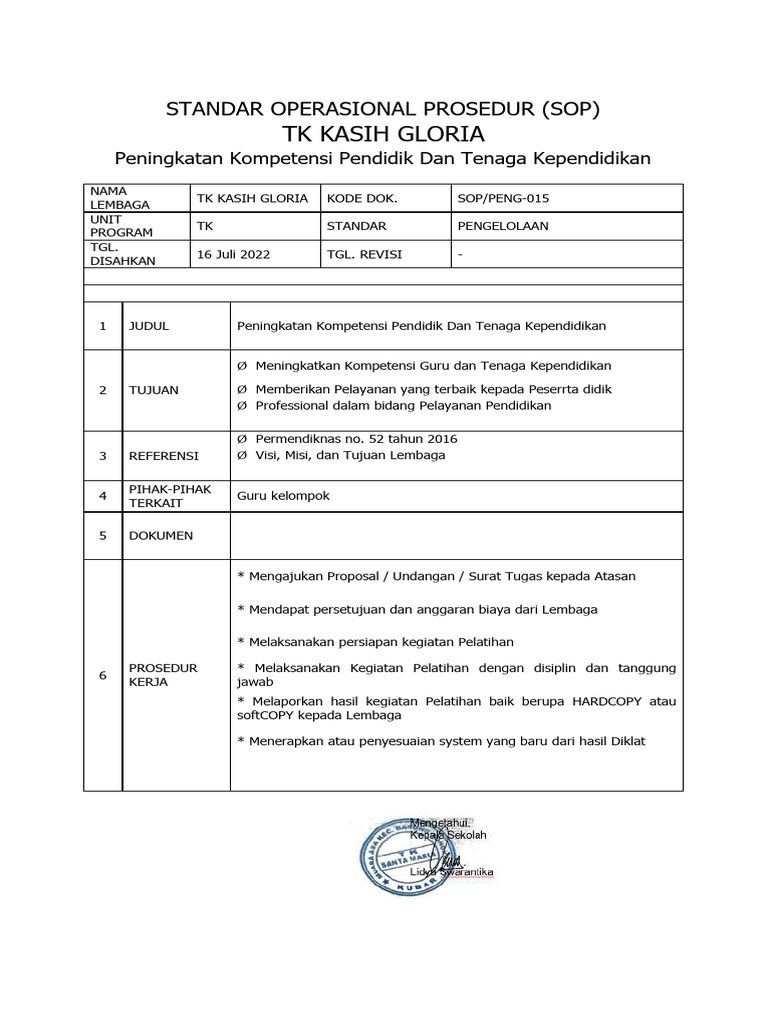 Sop Guru TK Kasih Gloria | PDF