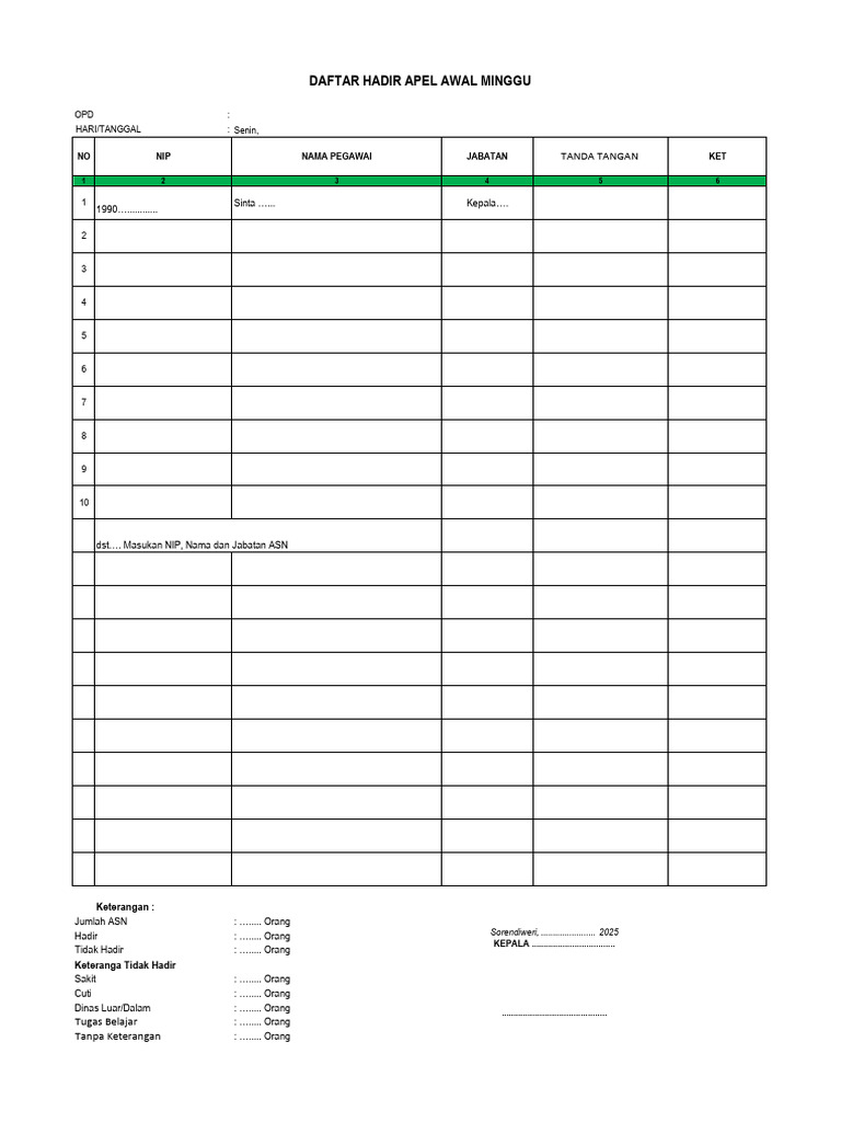 Contoh Daftar Hadir Apel | PDF