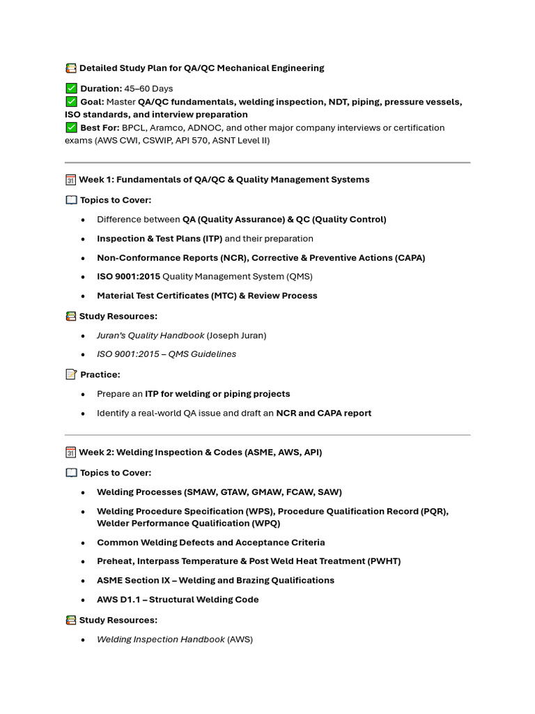 Detailed Study Plan For QAQC | PDF | Welding | Construction