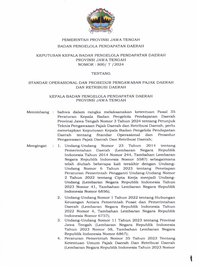 Sop Pengawasan Pajak Daerah Dan Retribusi Daerah Tahun 2024 | PDF