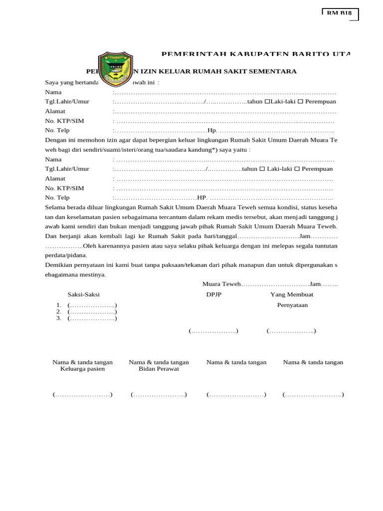 Rm b18 Form Pernyataan Keluar Rumah Sakit Sementara | PDF