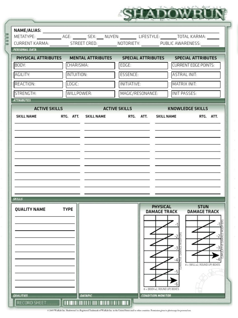 Shadowrun 4e - Character Sheet | PDF | Role Playing | Tabletop Games