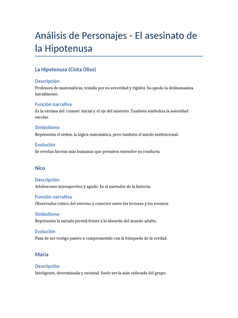 Análisis de Personajes en "El asesinato de la Hipotenusa" | PDF
