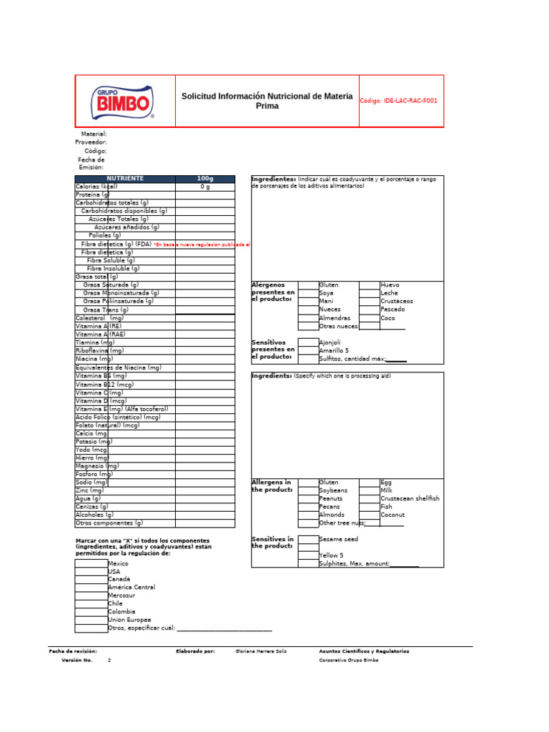 Informacion Nutrimental Bimbo - Formato IDE-LAC-RAC-F001 V2 | PDF ...