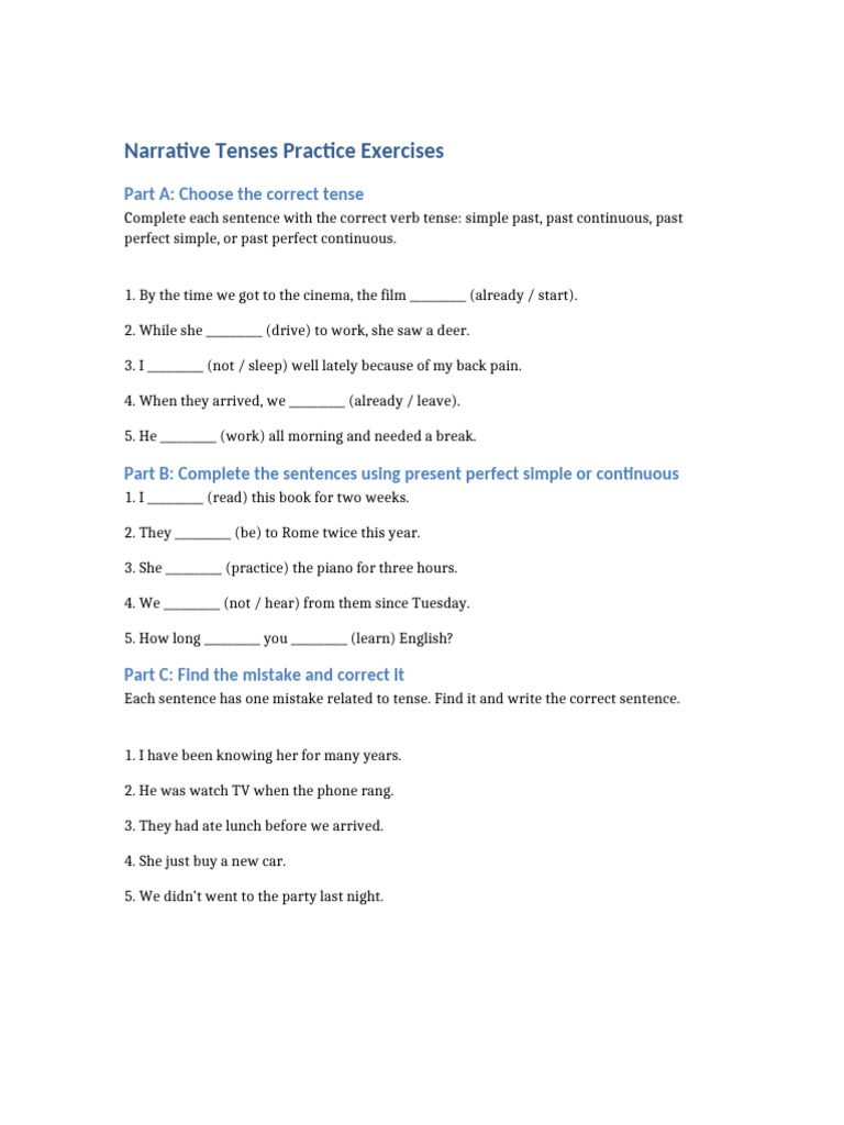Narrative Tenses Practice Exercises | PDF