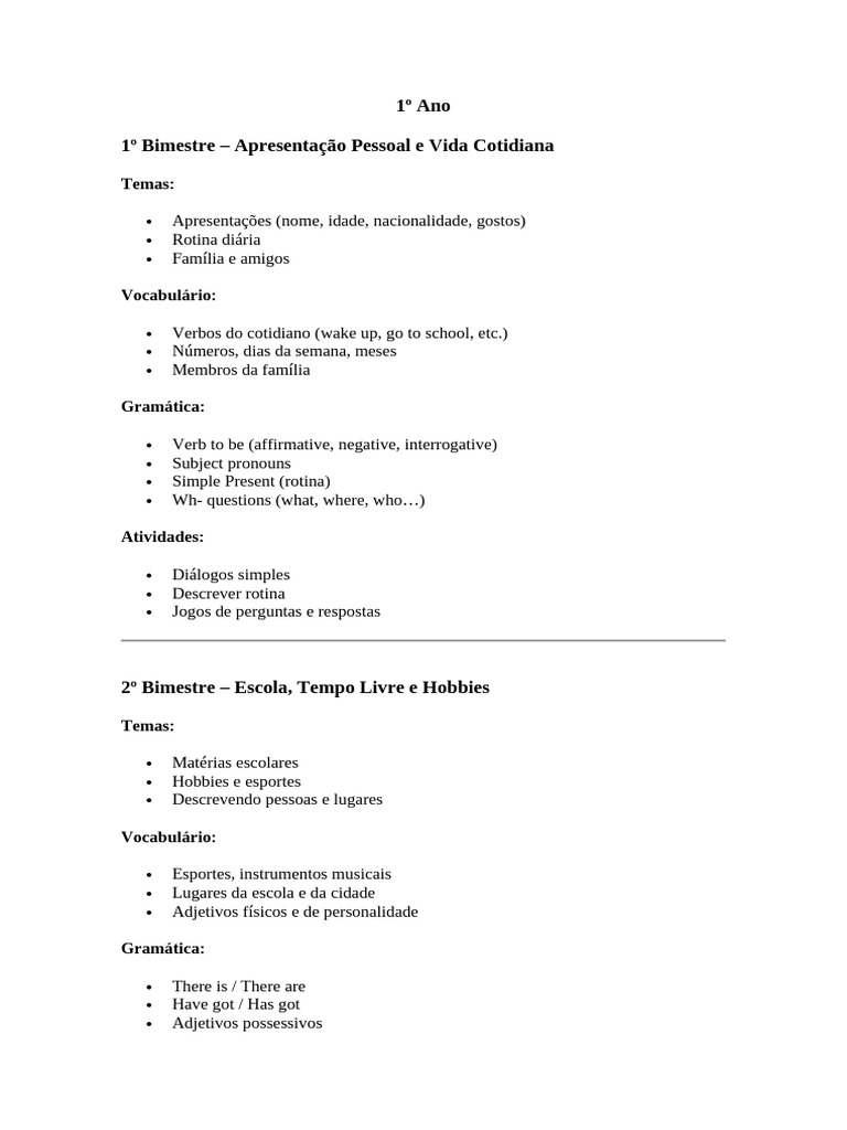 1º Ano Conteudo para Dos 4 Bimestres | PDF