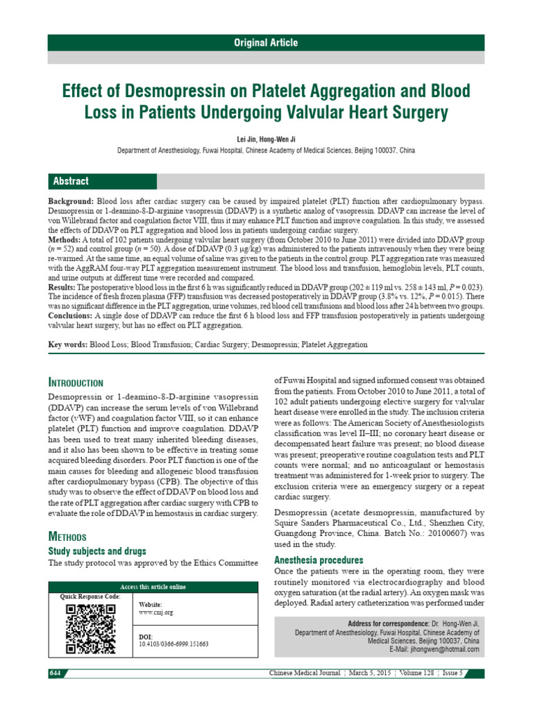 1 2015 Jin, L. Ji, H.-W. (2015) - Effect of Desmopressin On Platelet ...