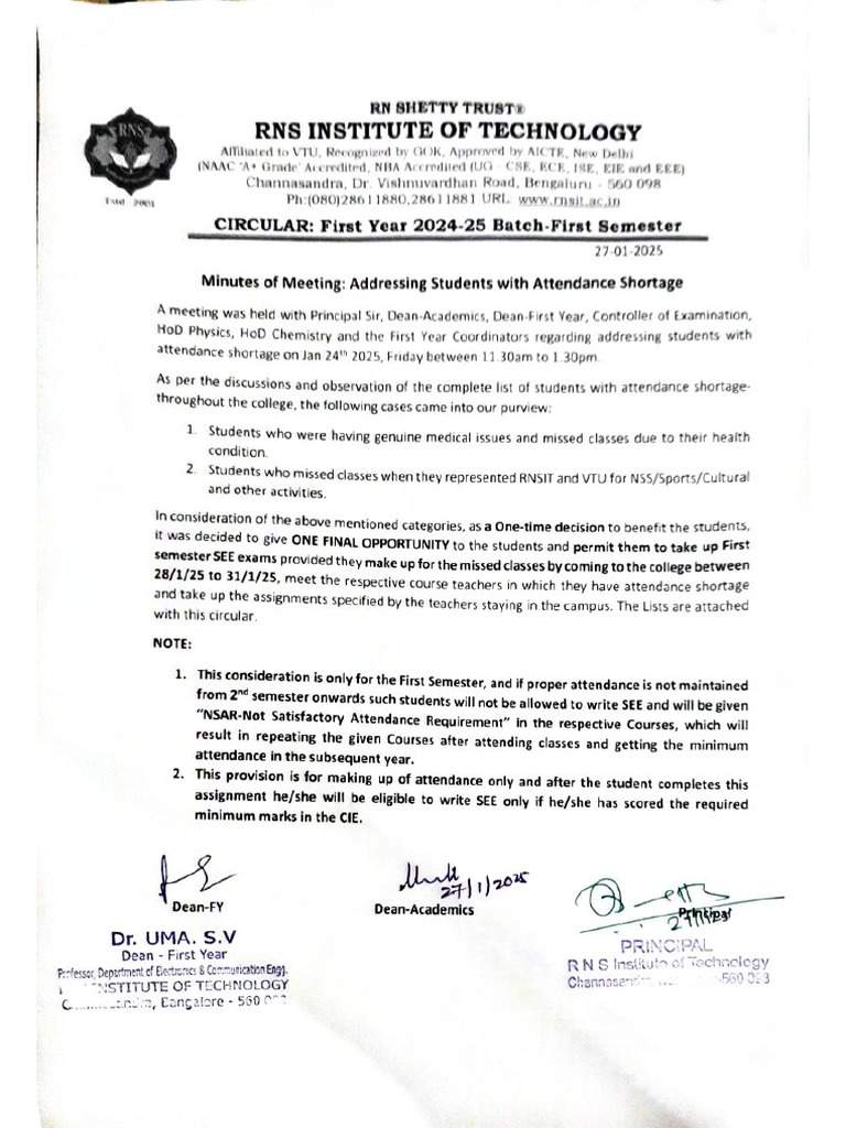 Circular for Attendance Shortage | PDF