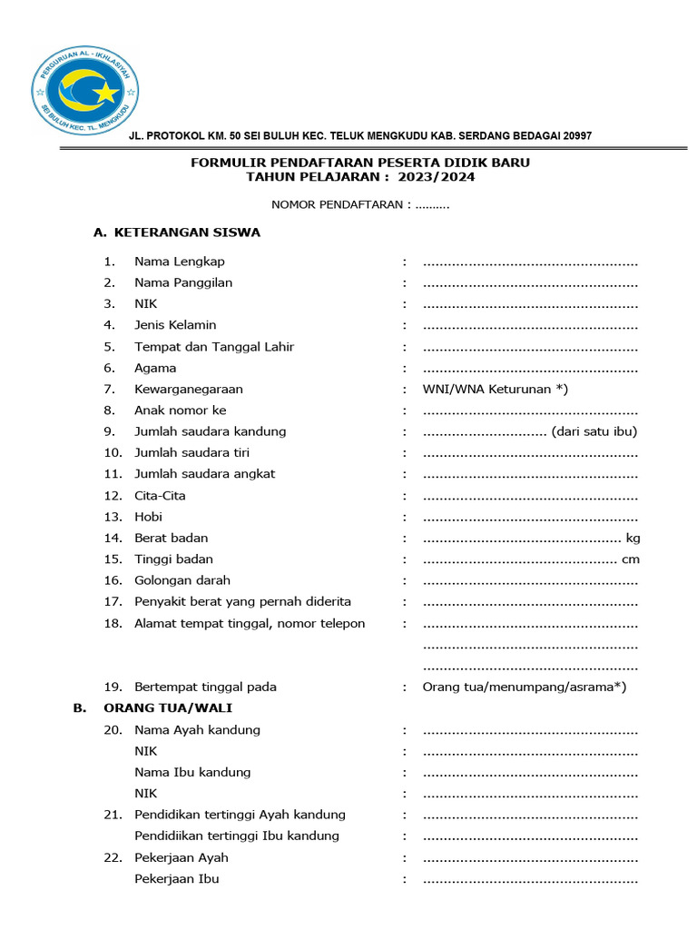 Formulir PPDB 2023-2024 MTs-2 | PDF