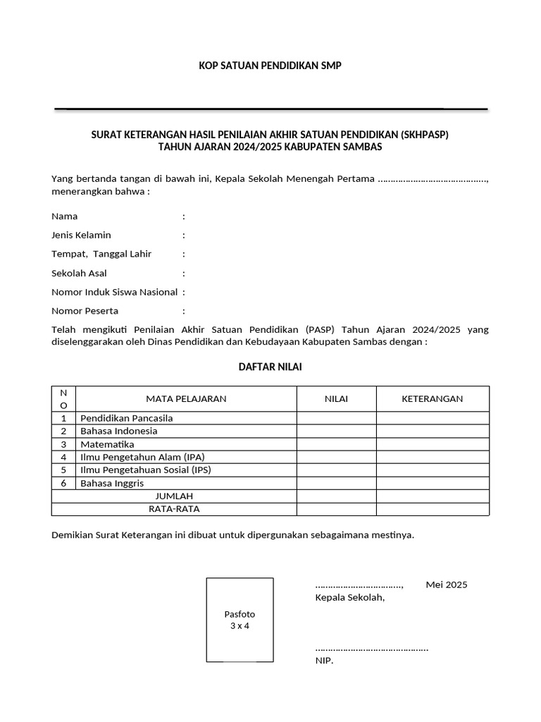 Surat Keterangan Hasil Pasp 2025 | PDF