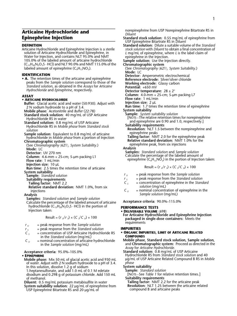 Articaine and Epinephrine Injection Standards | PDF | Chromatography ...