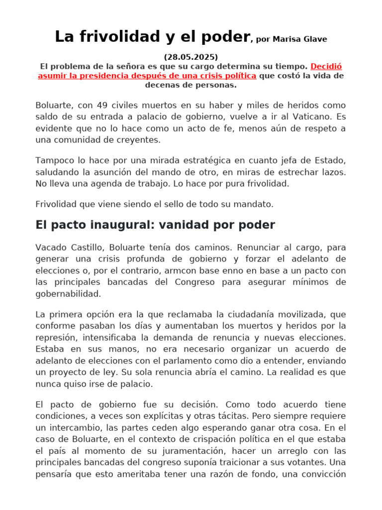 La Frivolidad y El Poder, Por Marisa Glave (28.05.2025) | PDF | Gobierno