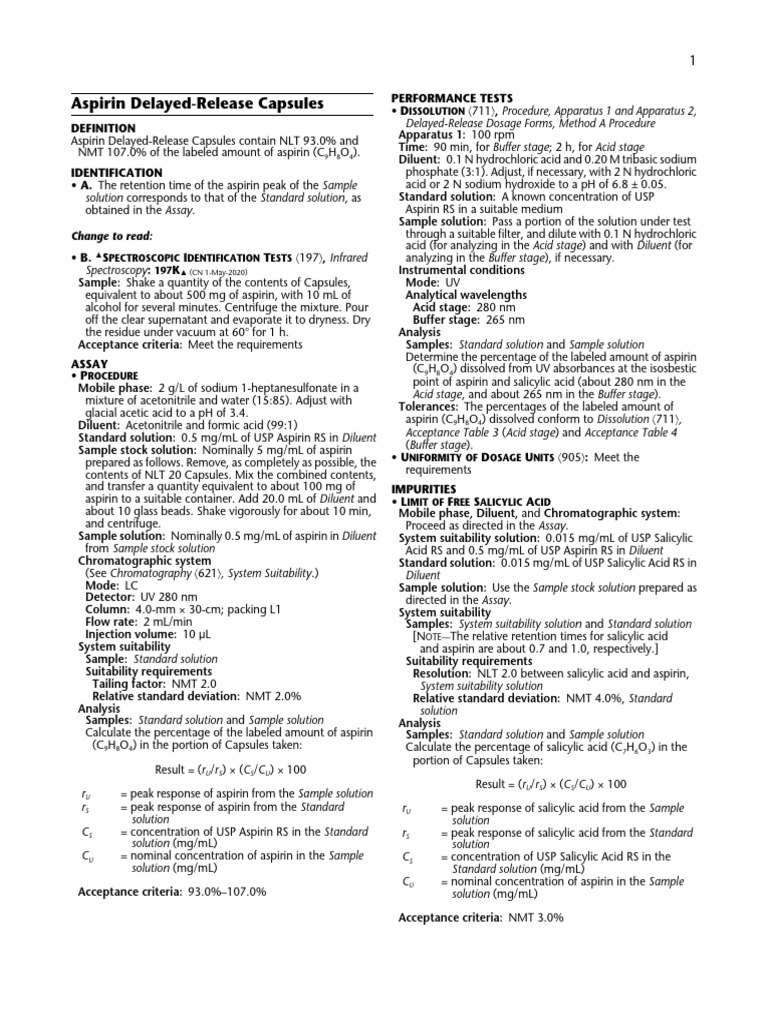 Aspirin Delayed-Release Capsules | PDF | Buffer Solution | Aspirin