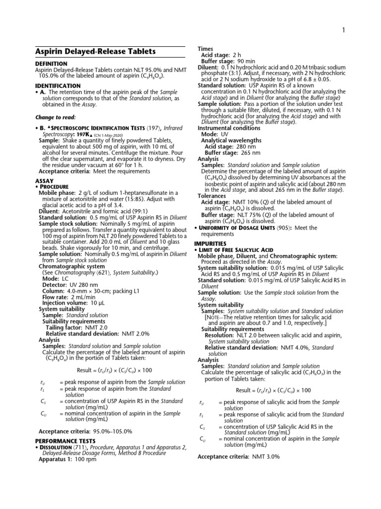Aspirin Delayed-Release Tablet Analysis | PDF | Buffer Solution | Aspirin