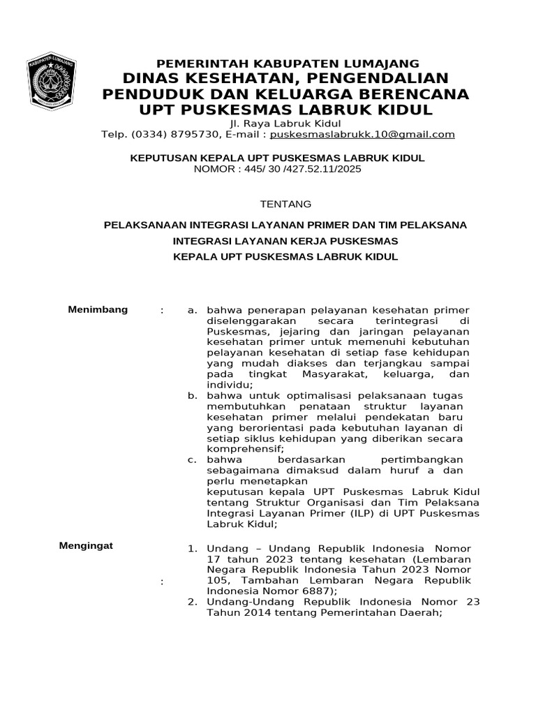 2.SK KAPUS TENTANG PELAKSANAAN INTEGRASI LAYANAN PRIMER DAN TIM PELAKSANA INTEGRASI LAYANAN ...