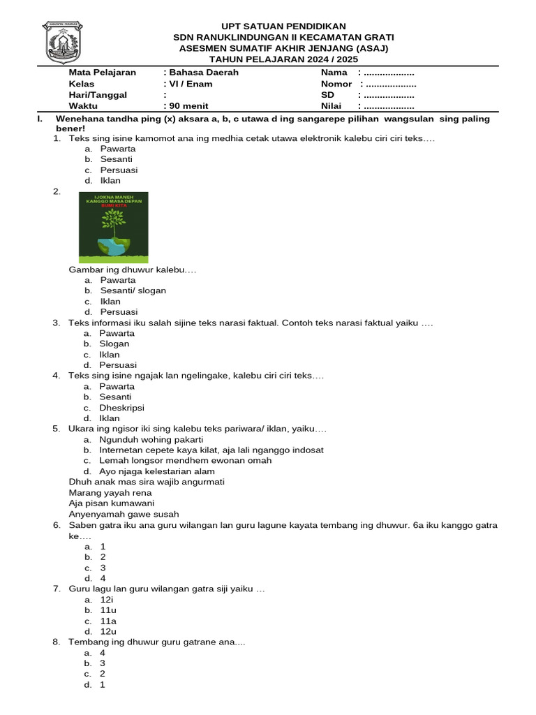 SOAL ASAJ BAHASA DAERAH KELAS VI 2024-2025 | PDF