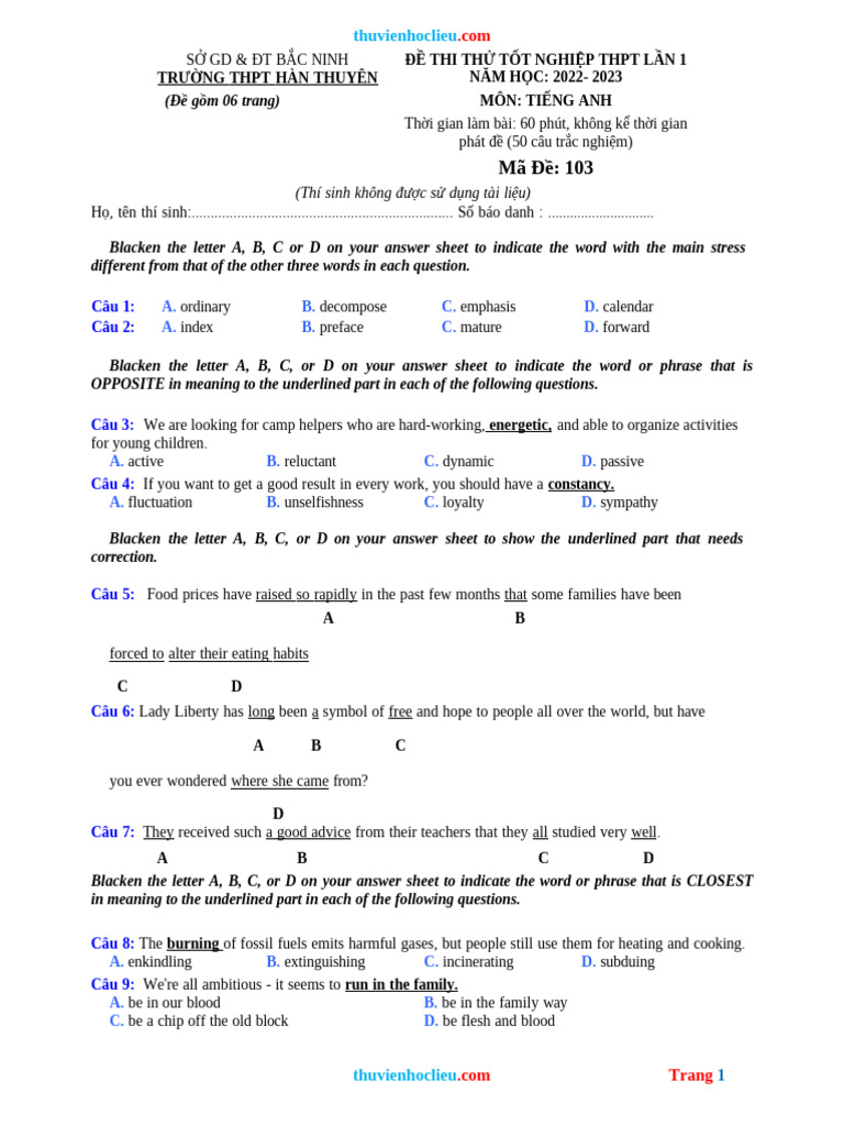 Thuvienhoclieu.com de Thi Thu TNTHPT Tieng Anh 2023 Han Thuyen Lan 1 | PDF | Violin | String ...