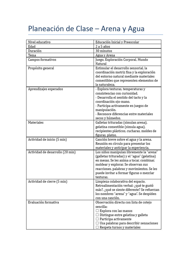 Planeacion Clase Juego Agua Arena | PDF | Educación de la primera infancia