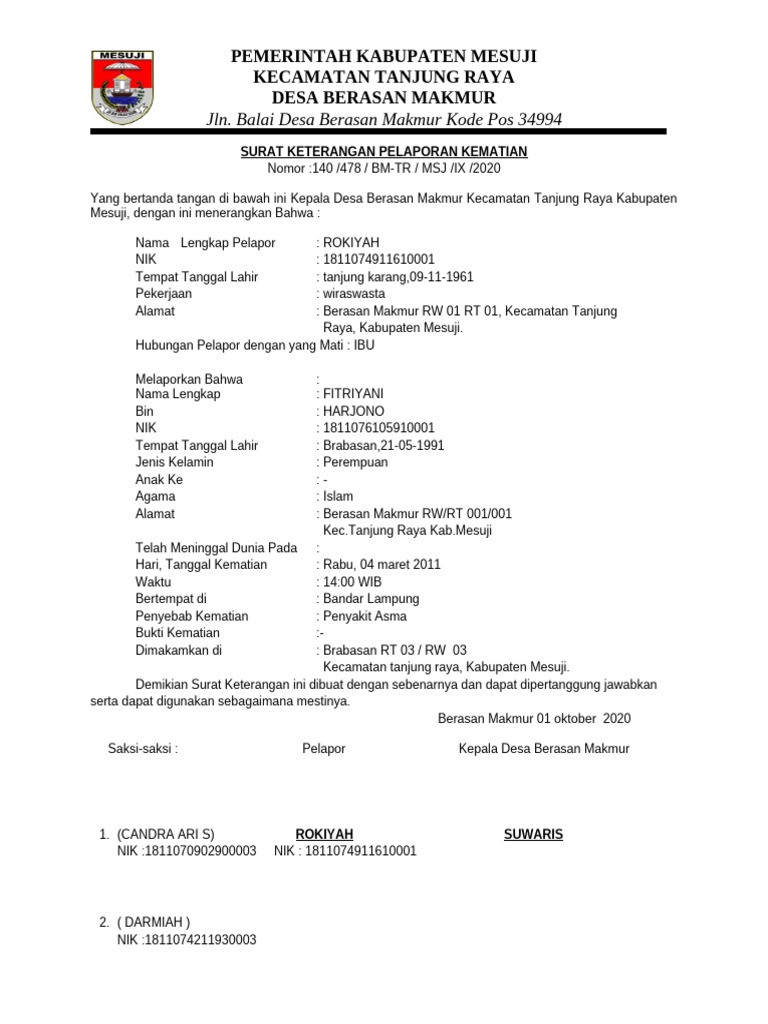 Surat Keterangan Desa Berasan Makmur | PDF