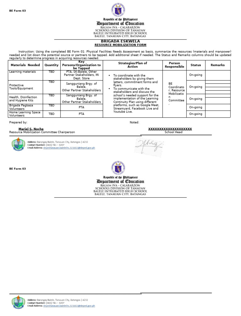 BE Form 3 RESOURCE MOBILIZATION FORM | PDF
