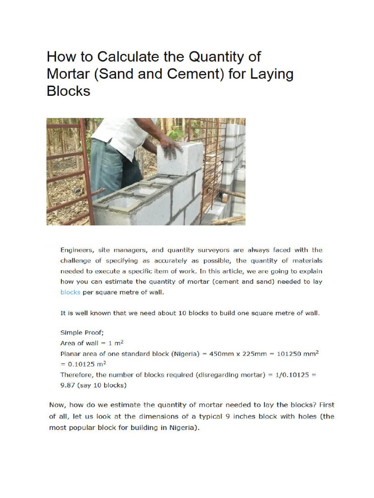 Qty of Sand and Cement Required For Laying Blocks | PDF