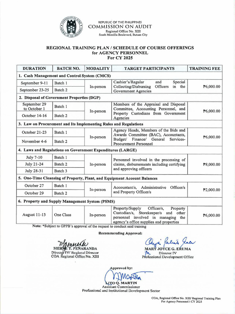 COA Regional Office No. XIII Regional Training PlansolSchedule of ...