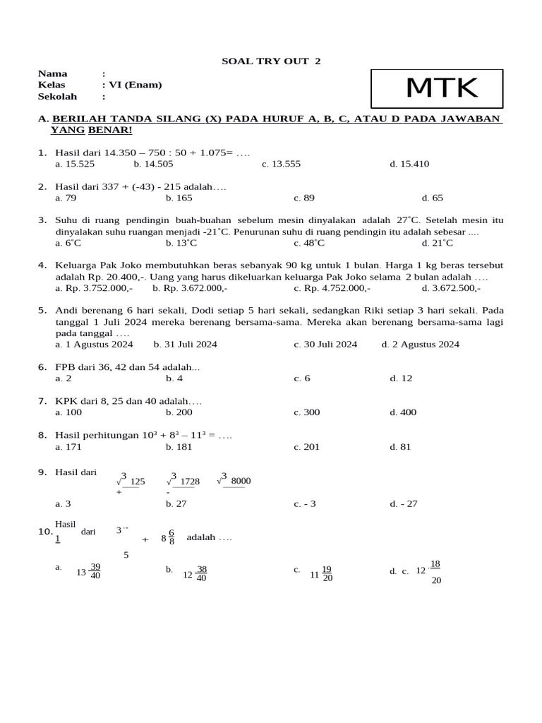 Soal Try Out Matematika SD Kelas 6 Dan Kunci Jawaban | PDF