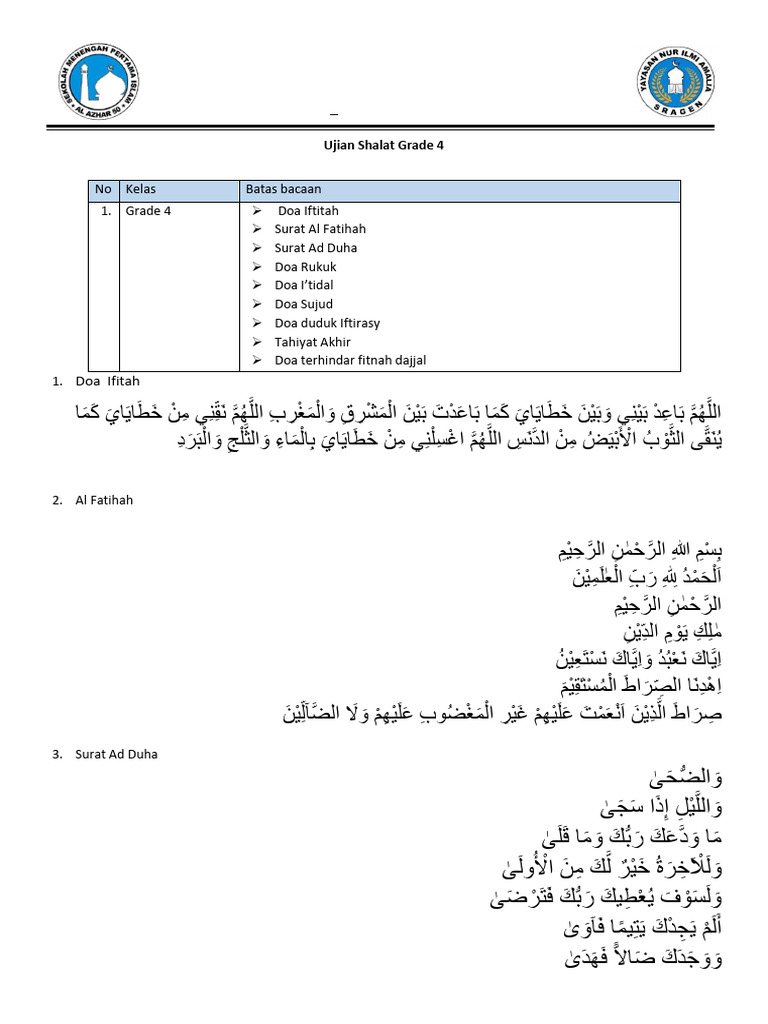 Batasan Ujian Shalat & Bacaan Nya Grade 4-1 | PDF