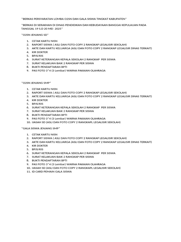Berkas Persyaratan Lomba O2sn Dan Gala Siswa Tingkat Kabupaten | PDF