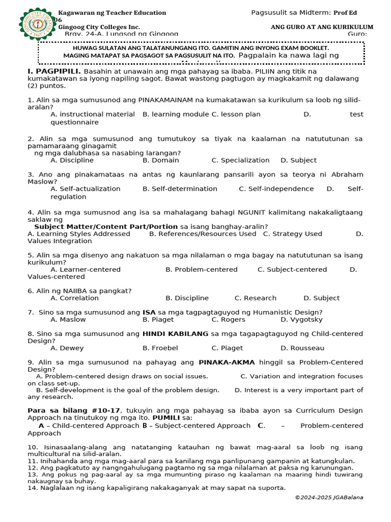 2024 - MIDTERM - CurrDev - FILIPINO Ver | PDF