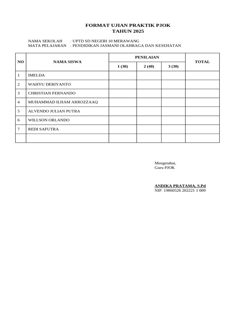 Format Ujian Praktik Pjok 2025 | PDF