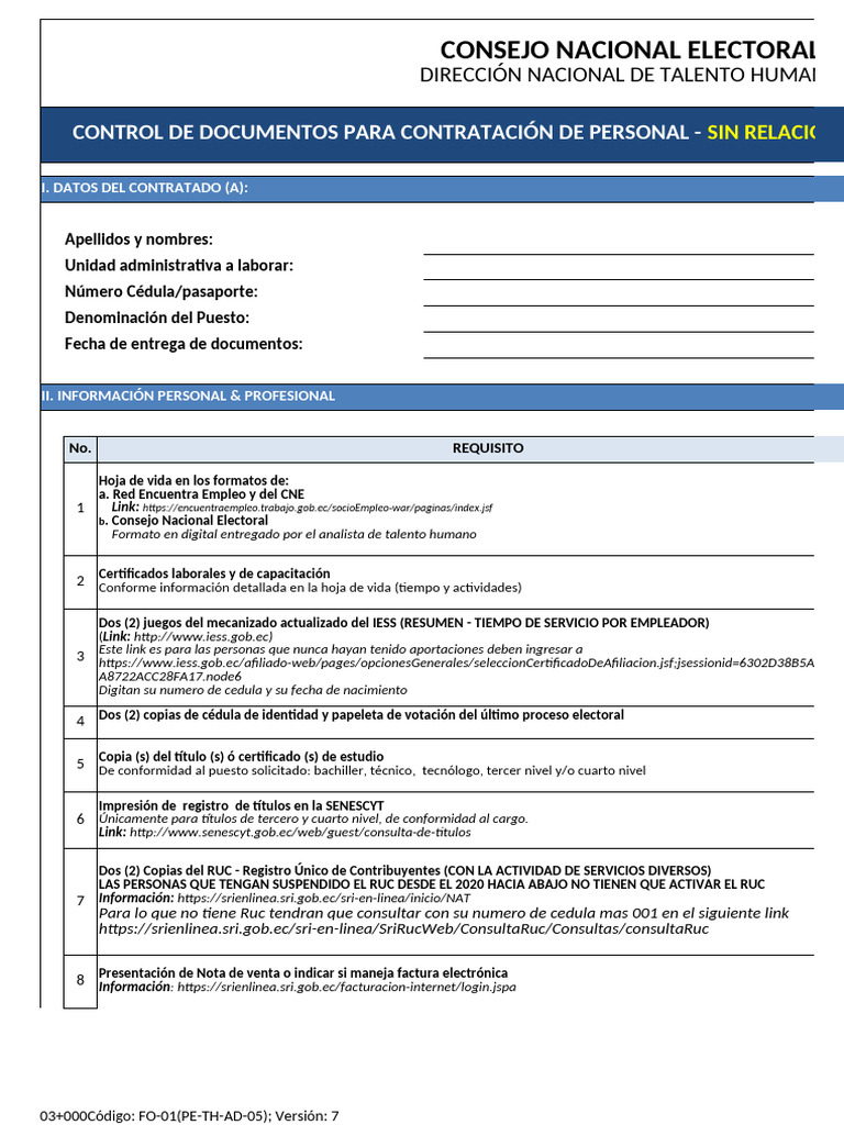 FO-01 (PE-TH-AD-05) Control de Documentos para Contratación de Personal - SRD | PDF | Gobierno