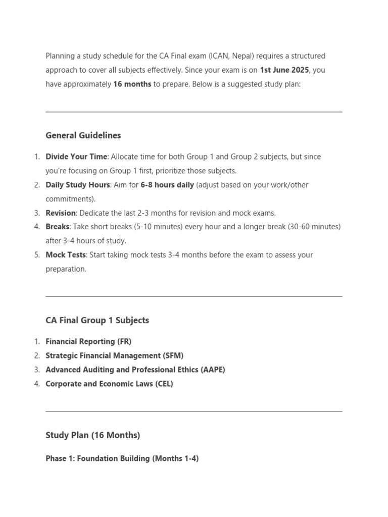 Ca Final Group 1 Study Plan For Nepal Pdf
