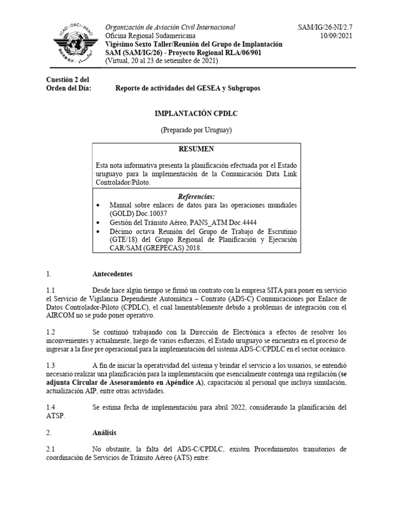 Samig26 - Ni2.7 CPDLC Uru | PDF | Control de tráfico aéreo | Aeroespacial