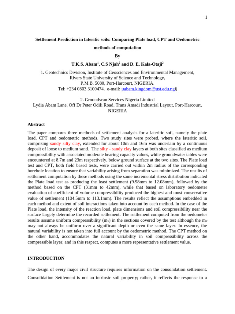 1settlement Prediction in Lateritic Soils Comparing Plate Load, CPT and Oedometric | PDF | Young ...