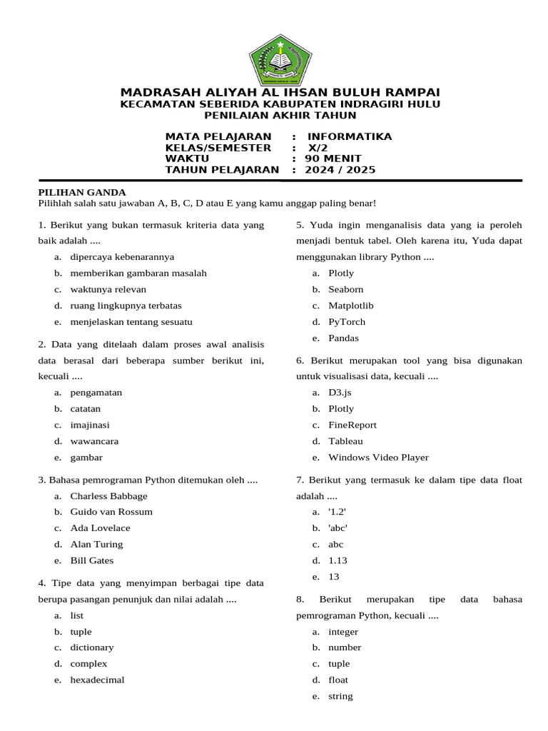 MASTER SOAL PAT 2024-2025 - TIK 2025 | PDF