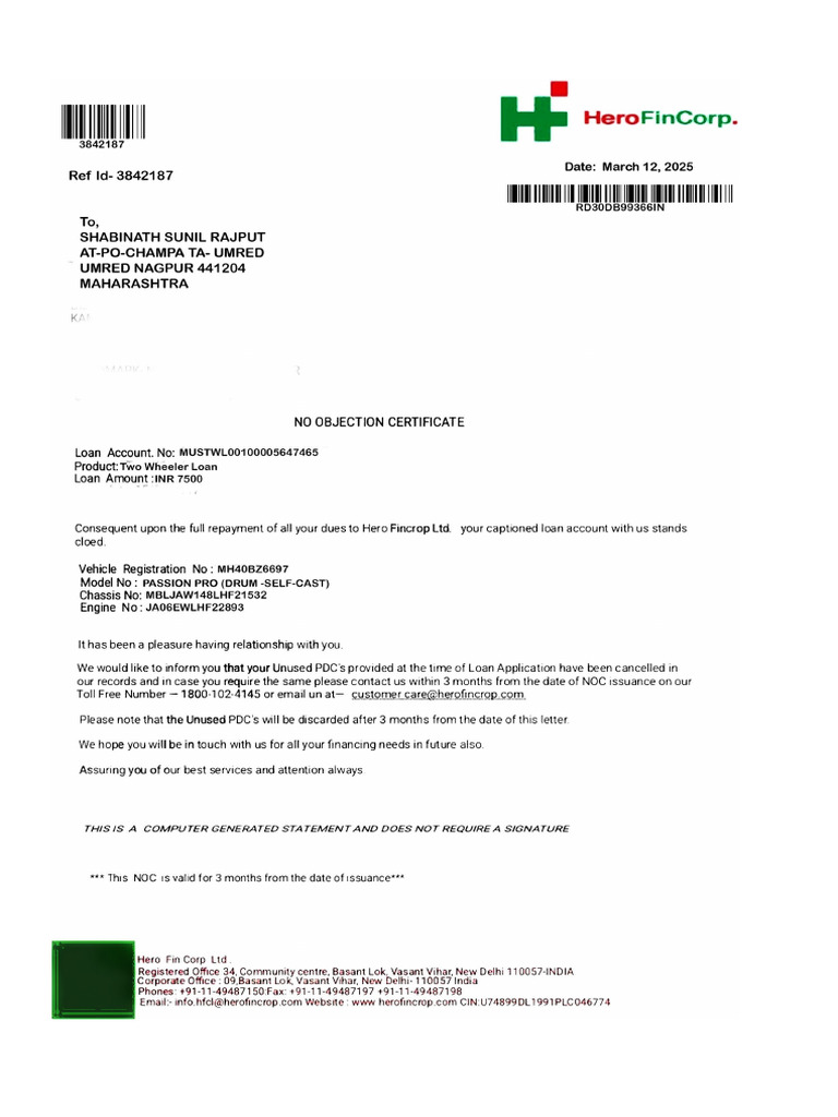 Hero-finance-Noc Rajput_merged | PDF