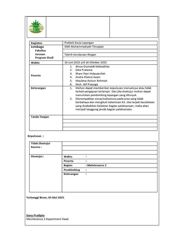 Form Pengajuan PKL - Maintenance2.050525 | PDF