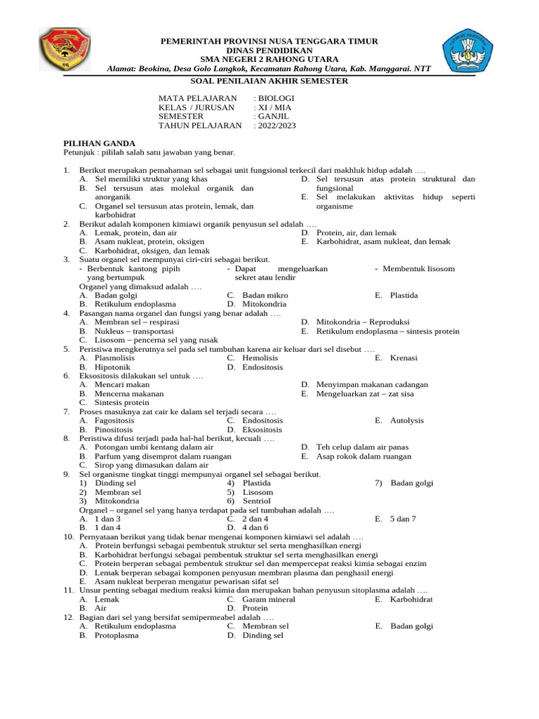 SOAL PAS BIOLOGI Kelas XI 2022 | PDF