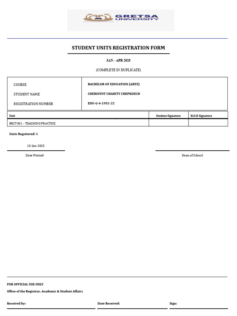 Student Units Registration Form 2025 | PDF