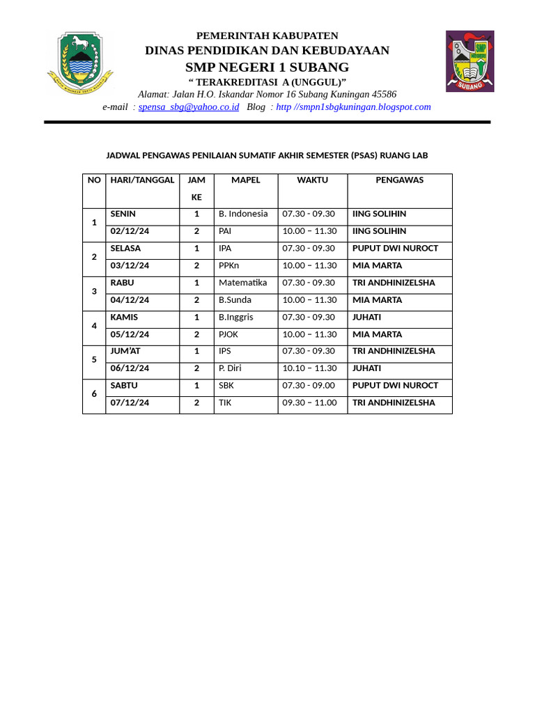 Jadwal Pengawas Penilaian Sumatif Akhir Semester | PDF