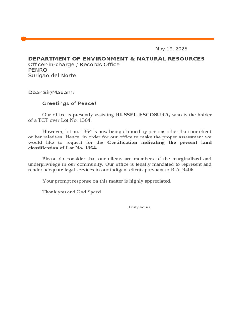 Letter Denr - RUSSEL ESCOSURA - Land Classification | PDF