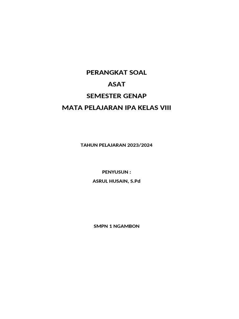 Kartu Soal PAT Genap Kelas 8 2024 | PDF