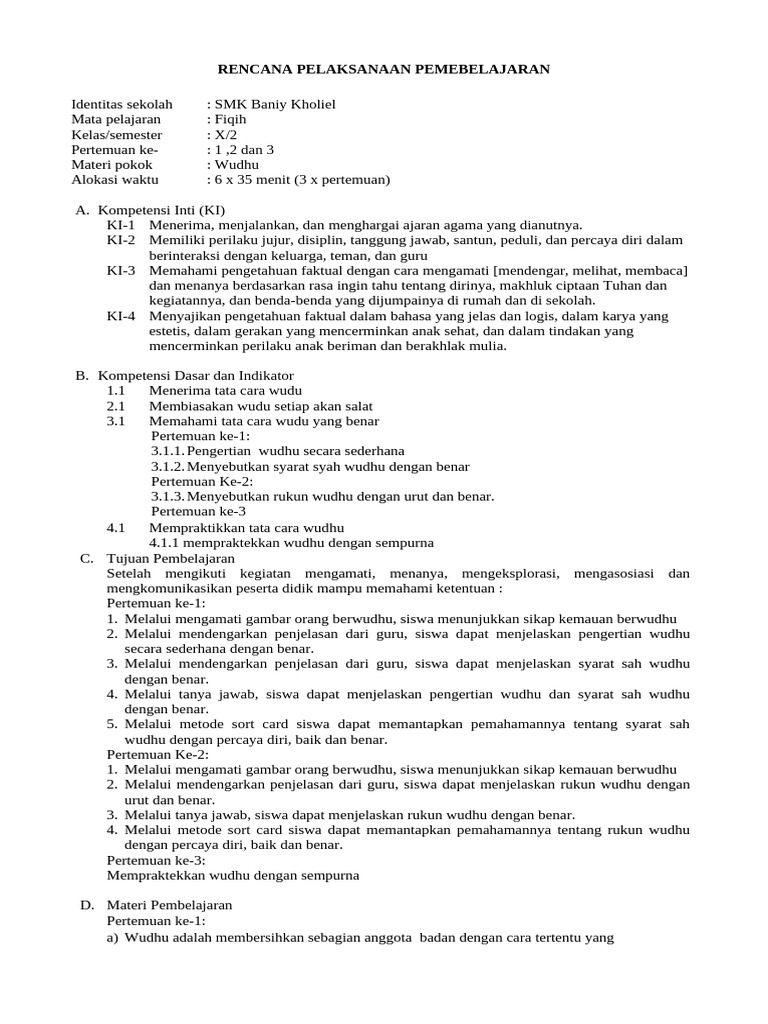 RPP K13 Fiqih Kelas X Smt. 2 Kd. 3.1, 4.1 Wudhu | PDF
