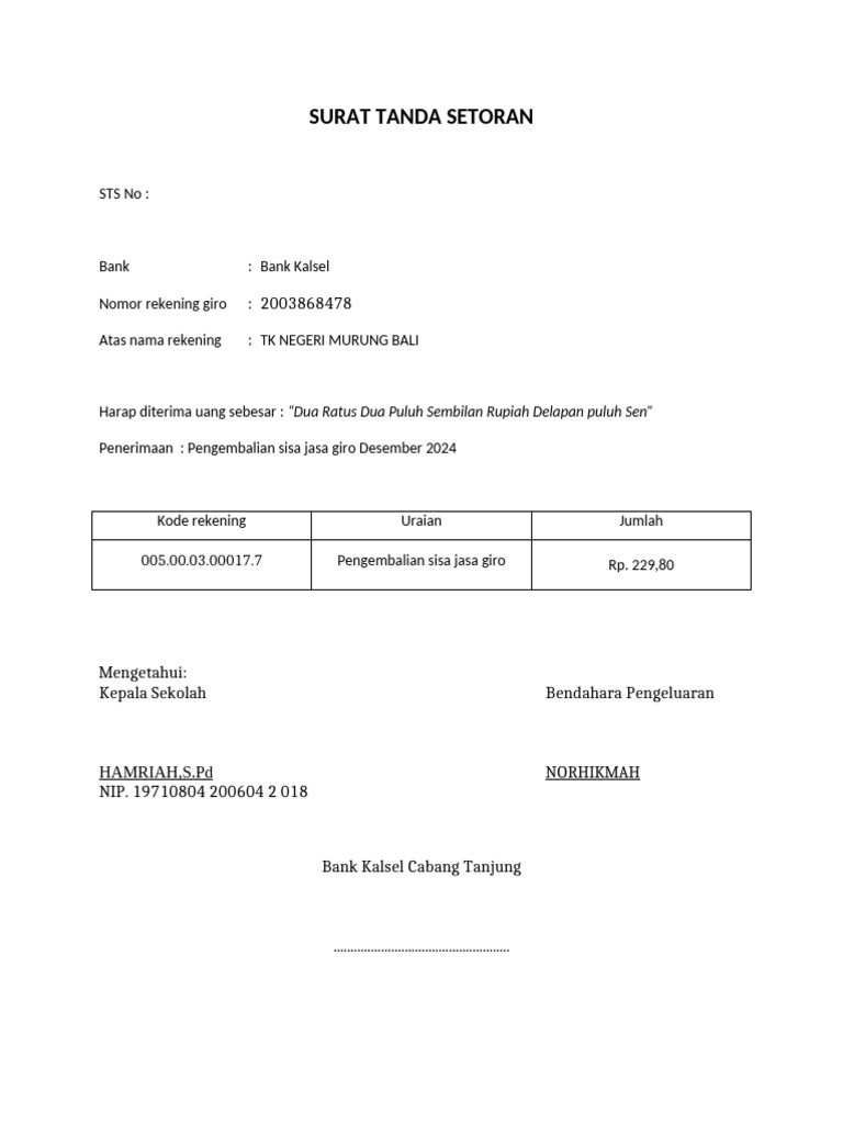 Contoh Surat Tanda Setoran Bank | PDF