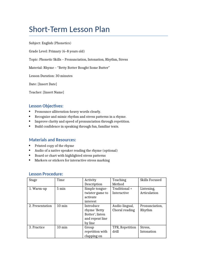 Short-Term Lesson Plan Rhyme | PDF | Stress (Linguistics) | Rhyme