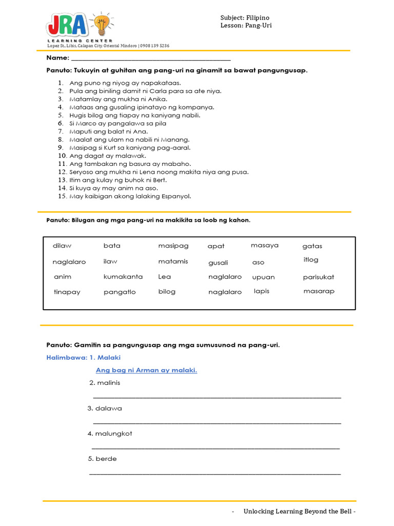 Filipino Pang-Uri Worksheet | PDF