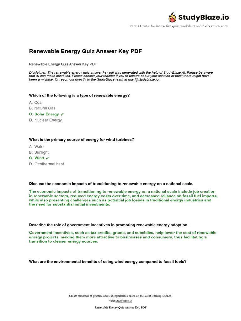 Renewable Energy Quiz Answer Key PDF | PDF | Renewable Energy | Energy ...